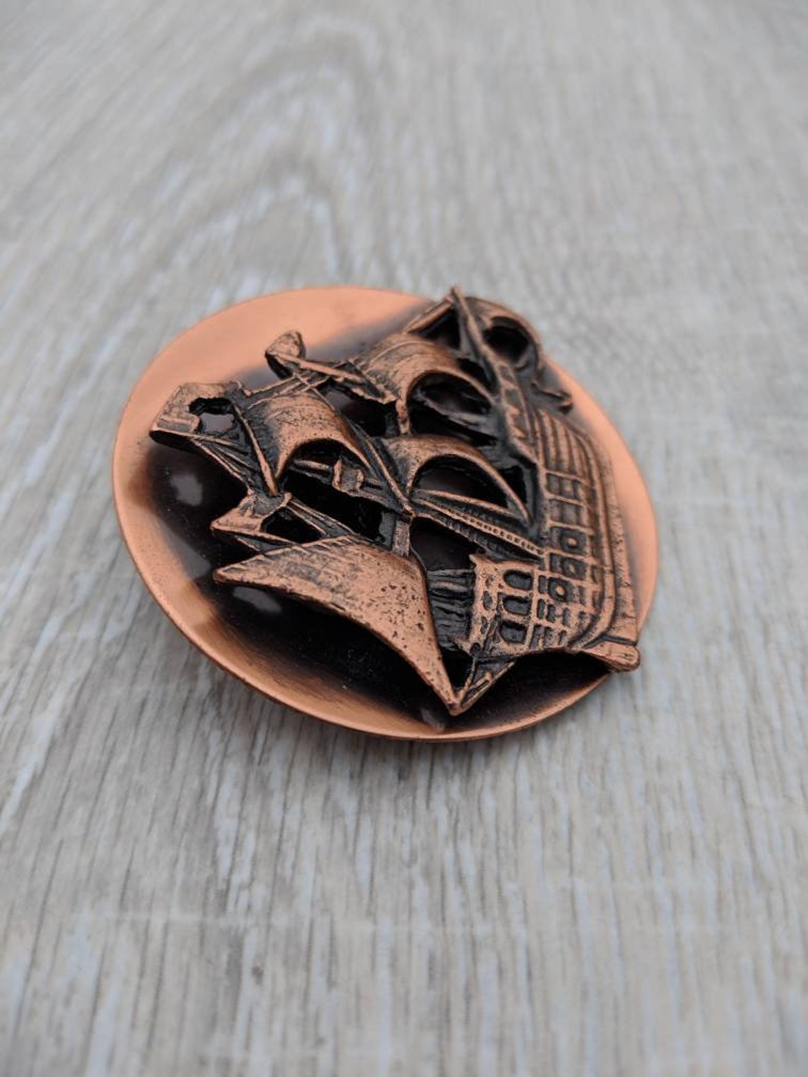 Copper Disc Brooch With Raised Full-rigged Ship Brooch - Etsy