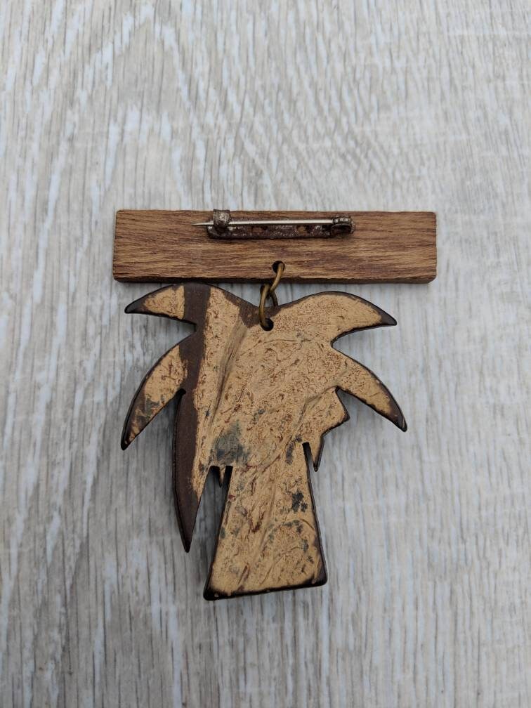 Coconut Shell and Wood Palm Tree Dangle Brooch | Etsy