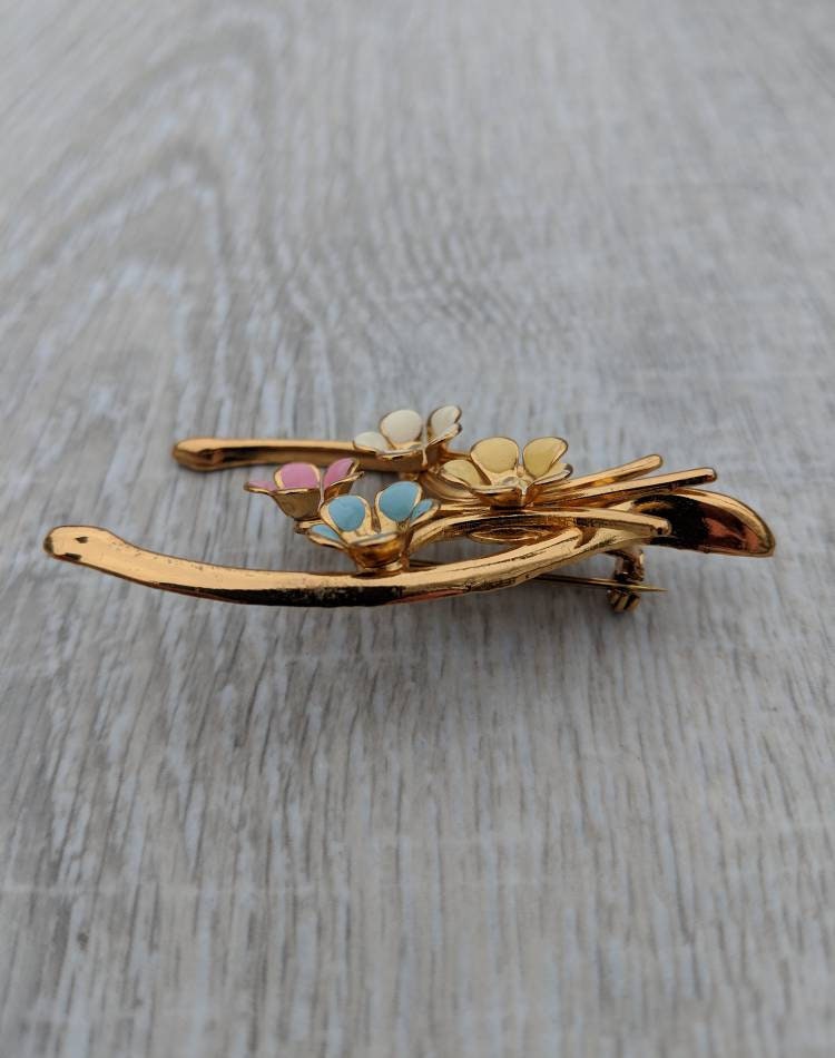 Gold Tone Wishbone With Pastel Enamel and Rhinestone Flowers - Etsy