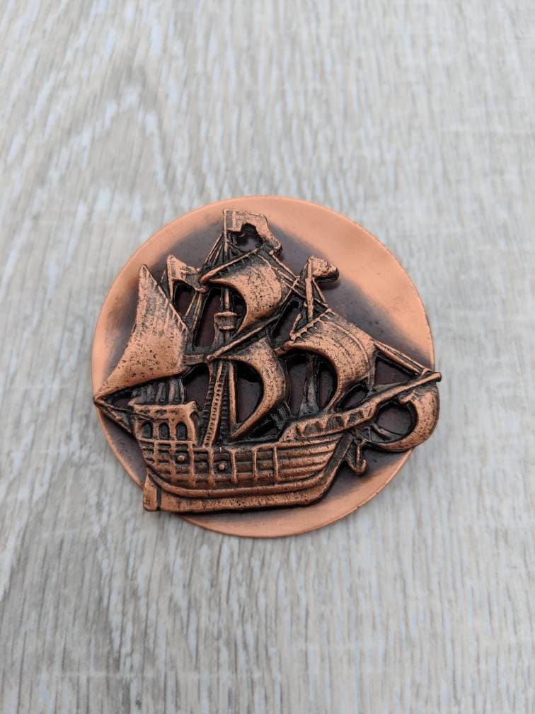Copper Disc Brooch with Raised Full-Rigged Ship Brooch | Etsy