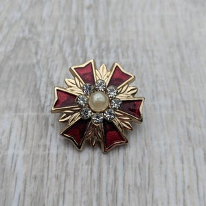 Small Midcentury Heraldic Ruby Red Enamel, Rhinestone, Faux Pearl, and ...