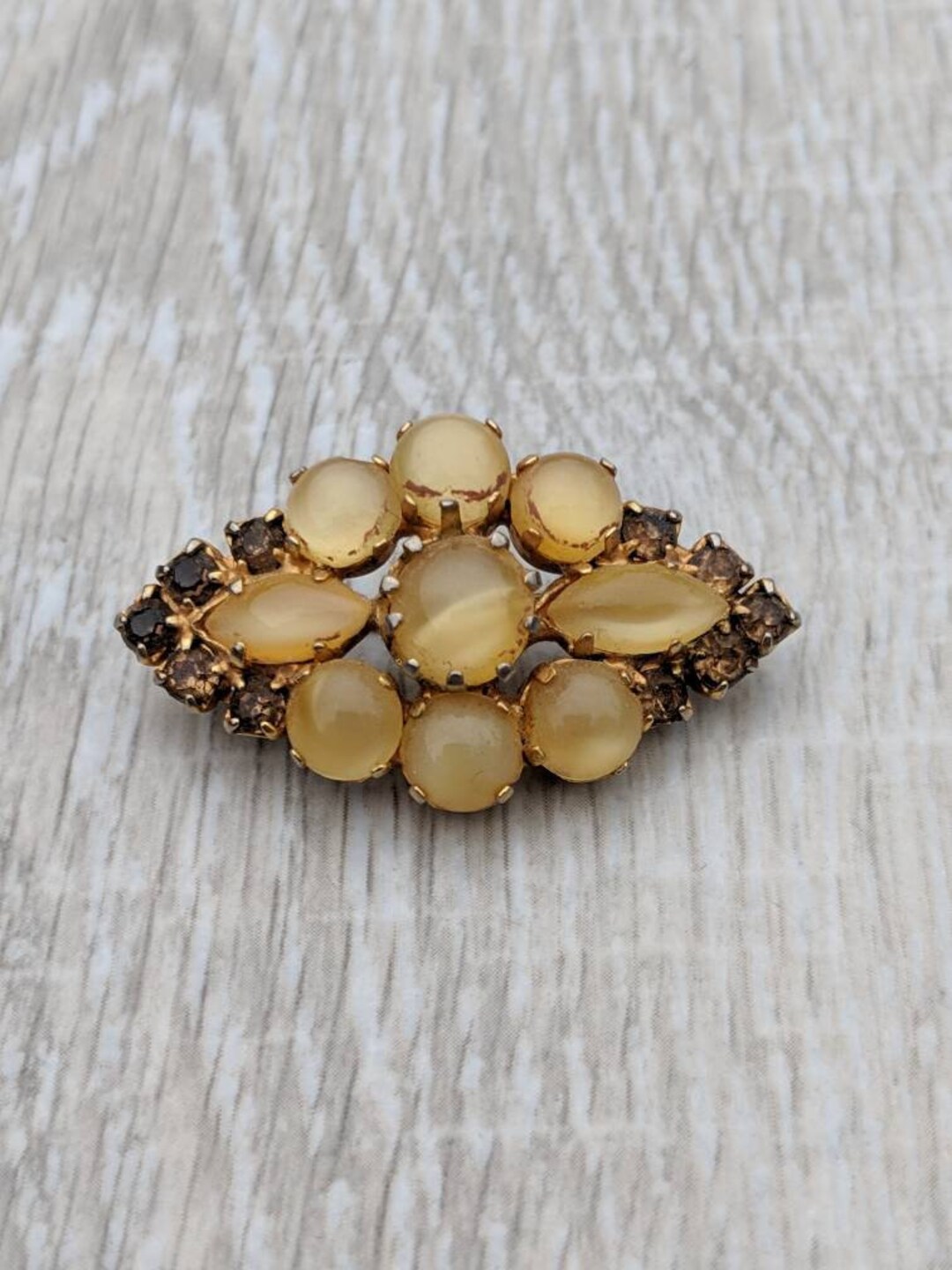 Austrian Yellow Moonglow Cabochon and Topaz Colored Rhinestone Brooch ...