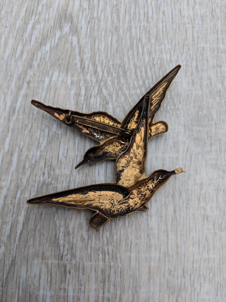 Bronze Tone Repoussé Style Birds in Flight Brooch - Etsy