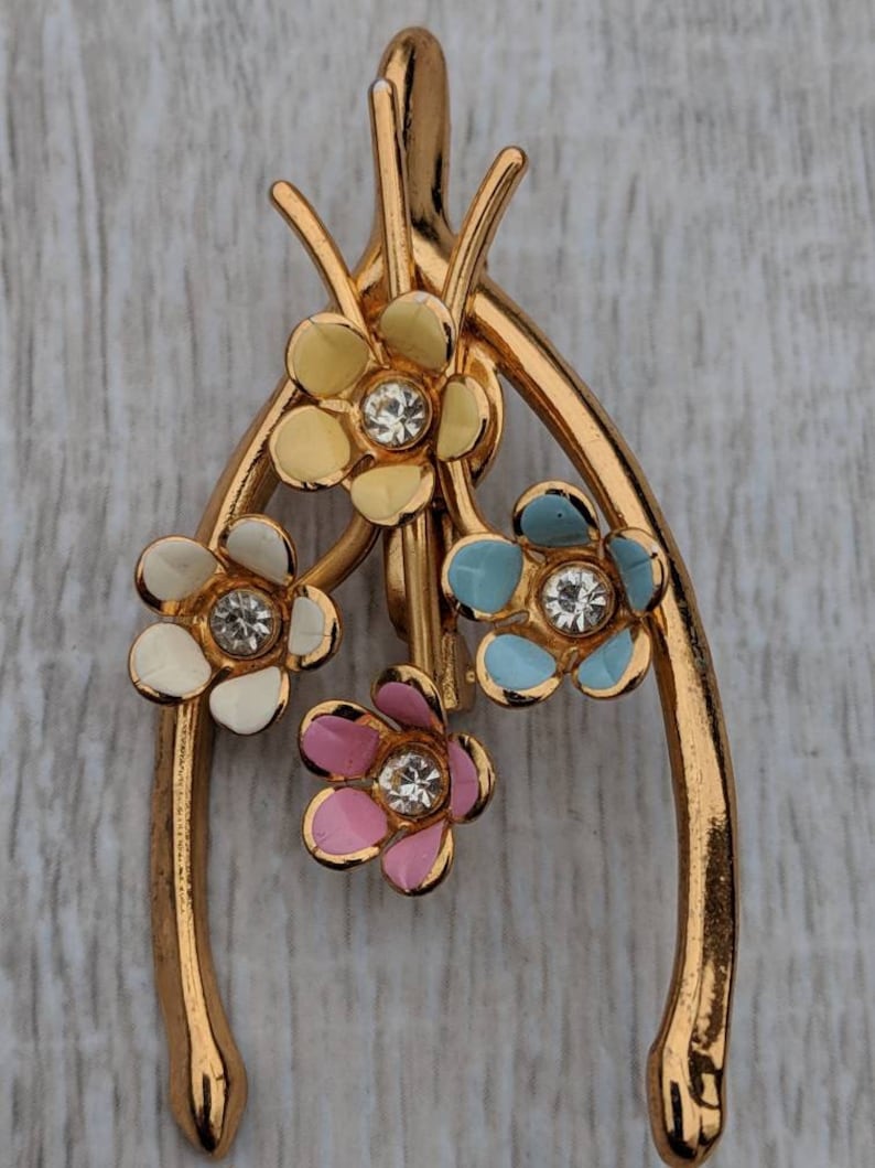 Gold Tone Wishbone With Pastel Enamel and Rhinestone Flowers - Etsy