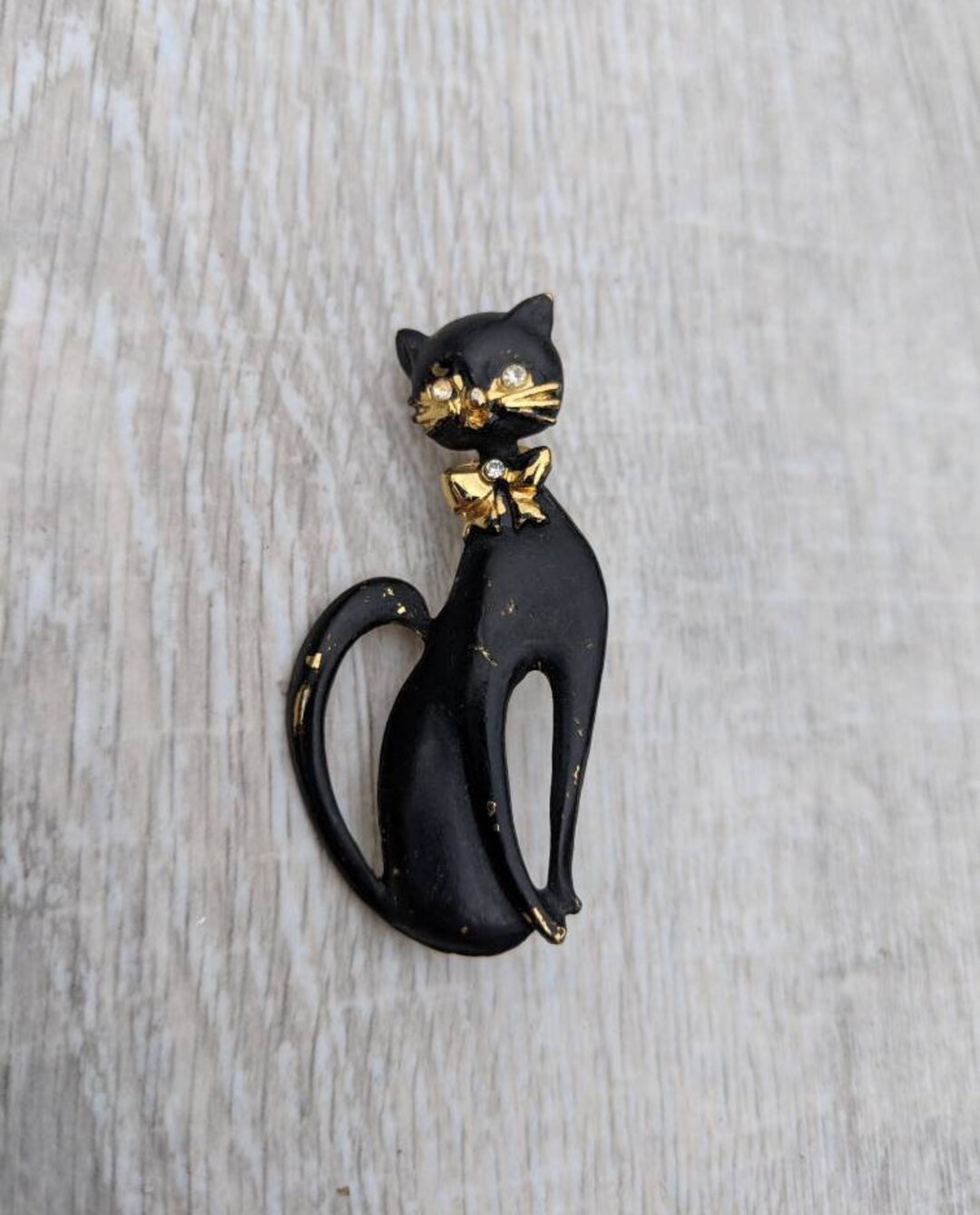 Matte Black Enamel and Rhinestone Cat Wearing a Ribbon Bow Brooch - Etsy