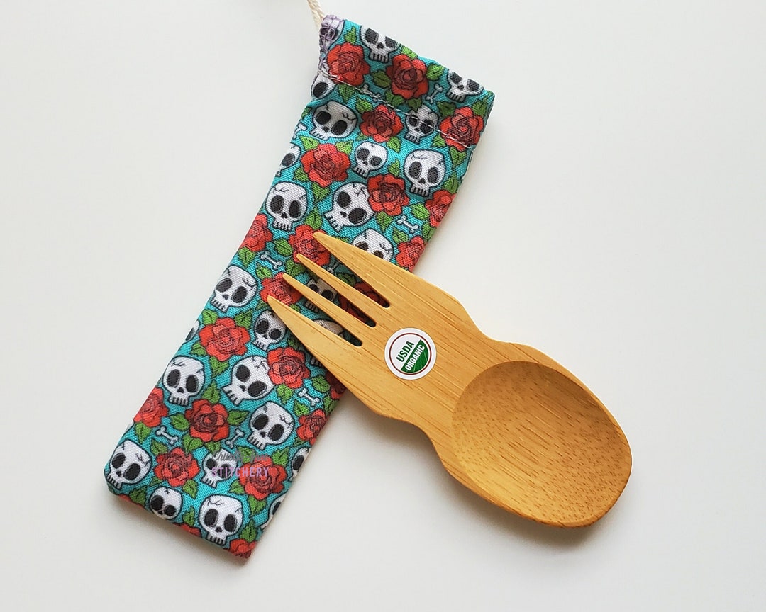 Organic Bamboo Travel Spork and Pouch Set - Skull With Roses Print - Etsy