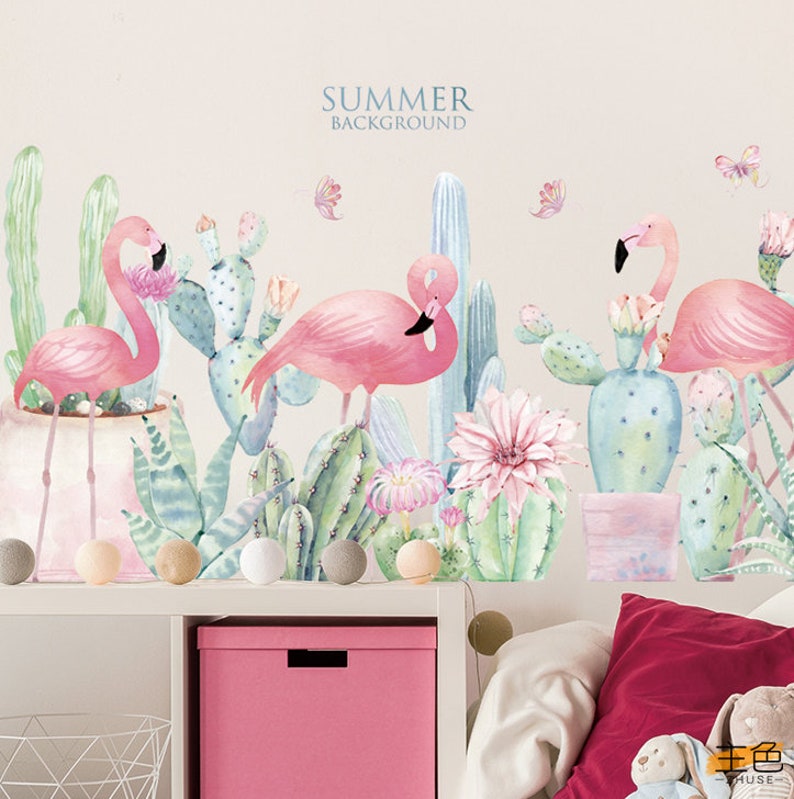Pink Girls Room Decals Decal Nature Cactus Famingo Bird With | Etsy