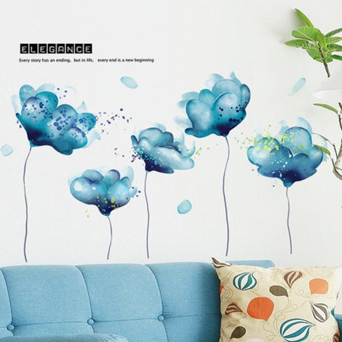 Elegant Growing Blue Flower Wall Stickers Girls Room Wall - Etsy