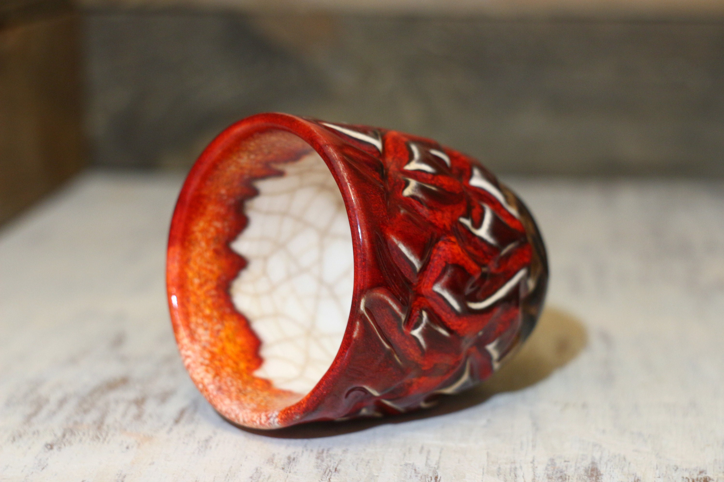 Ceramic cup Handless pottery mug Red white pottery | Etsy