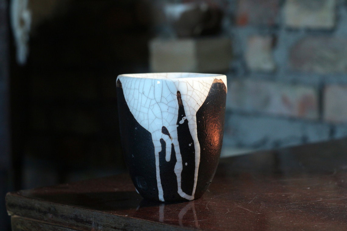 Ceramic cup Handless pottery mug Black and white Ceramic | Etsy