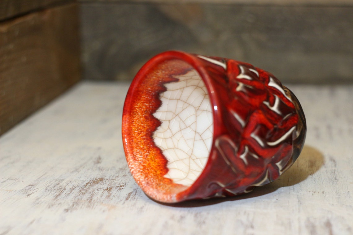 Ceramic cup Handless pottery mug Red white pottery | Etsy