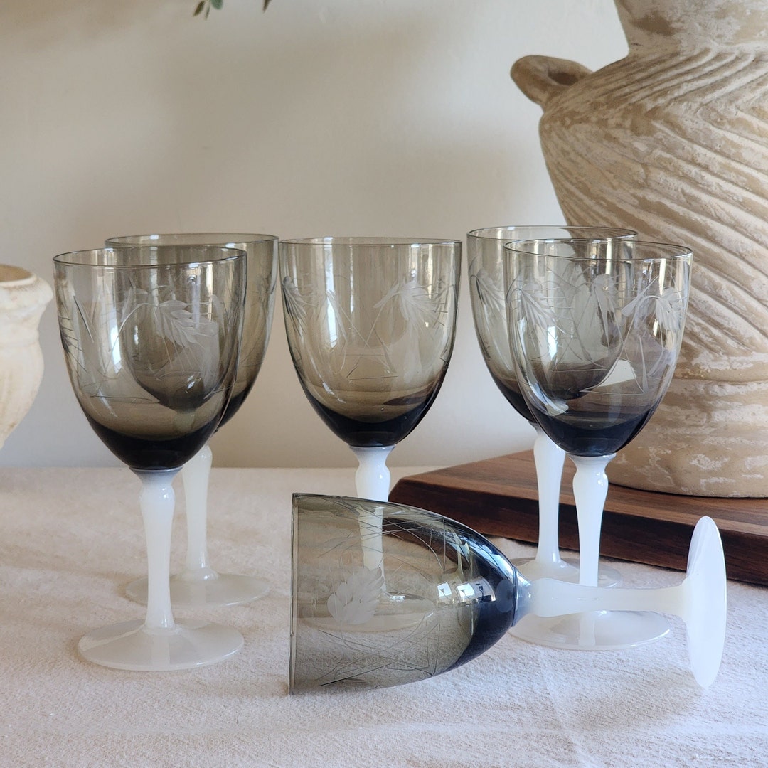 HC Fry Etched Smokey Wheat Colored Glassware Set of Six Vintage ...