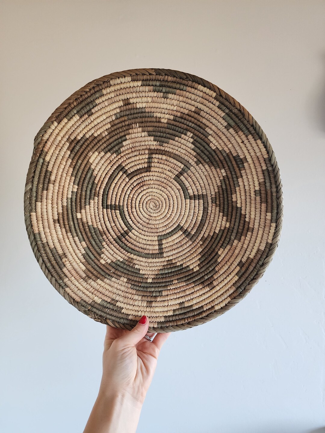 Woven Coil Basket Green Neutral Hanging Wall Basket Decor Vintage Large ...