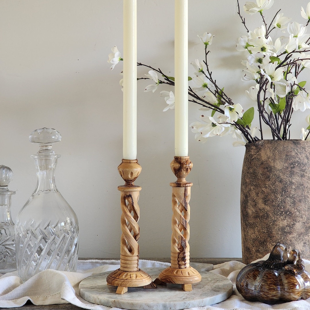 Carved Wood Candlestick Holder Set of Two Vintage Wood Candle Holders Neutral Minimal Fall Home ...