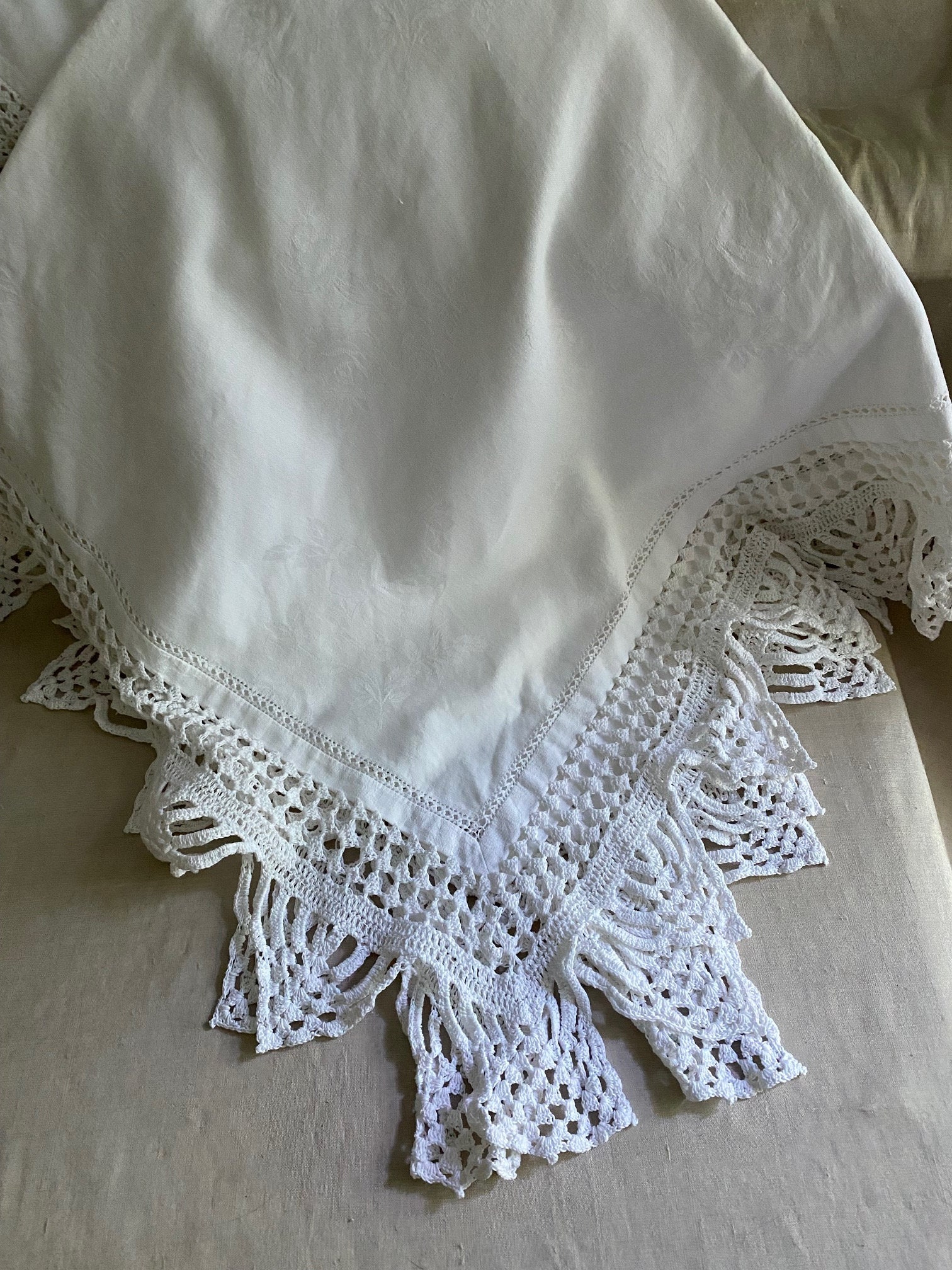 Vintage Damask & Crochet Table Topper 36 Square - Etsy