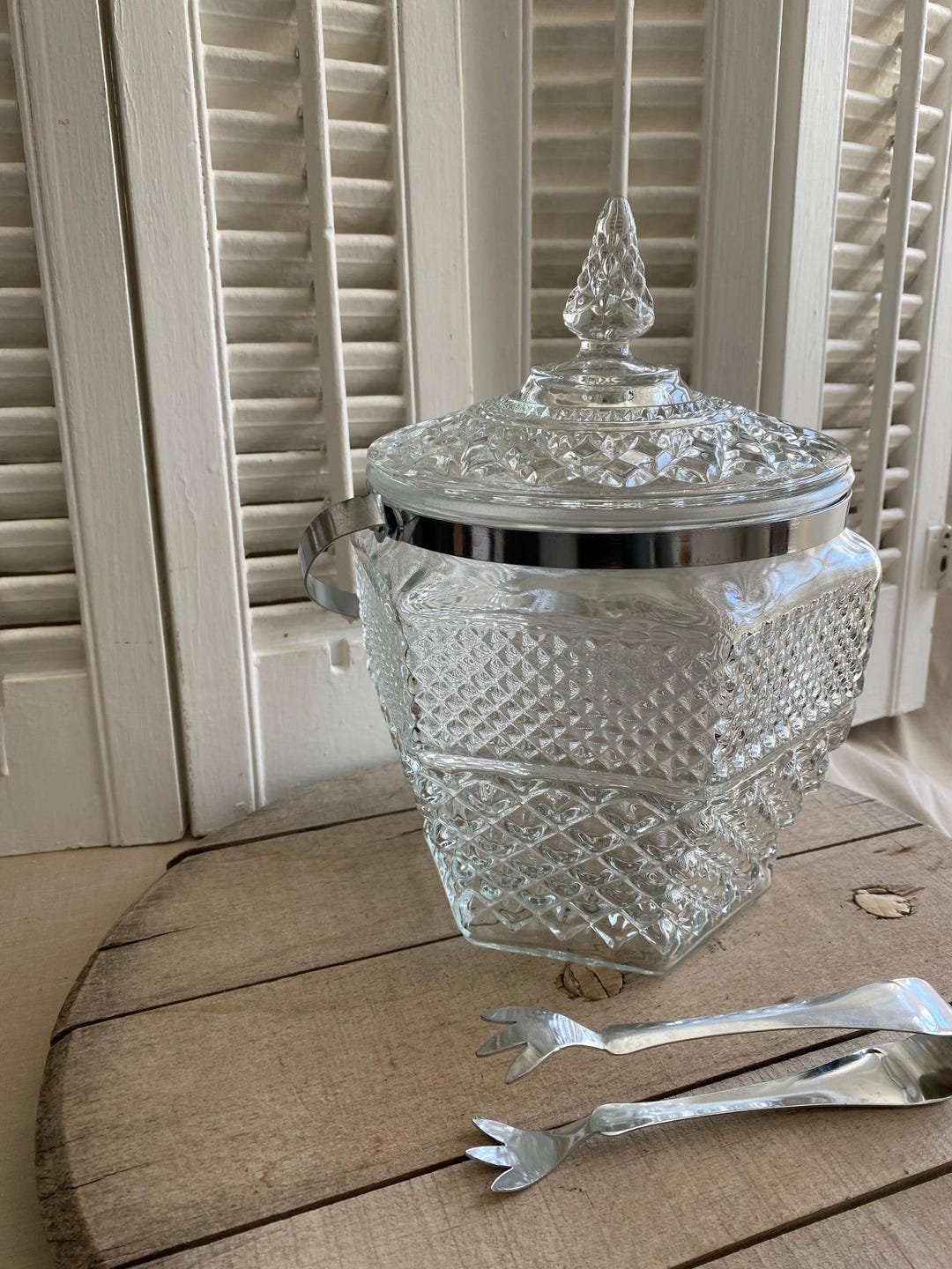 Vintage Cut Glass Ice Bucket W/ Tongs - Etsy