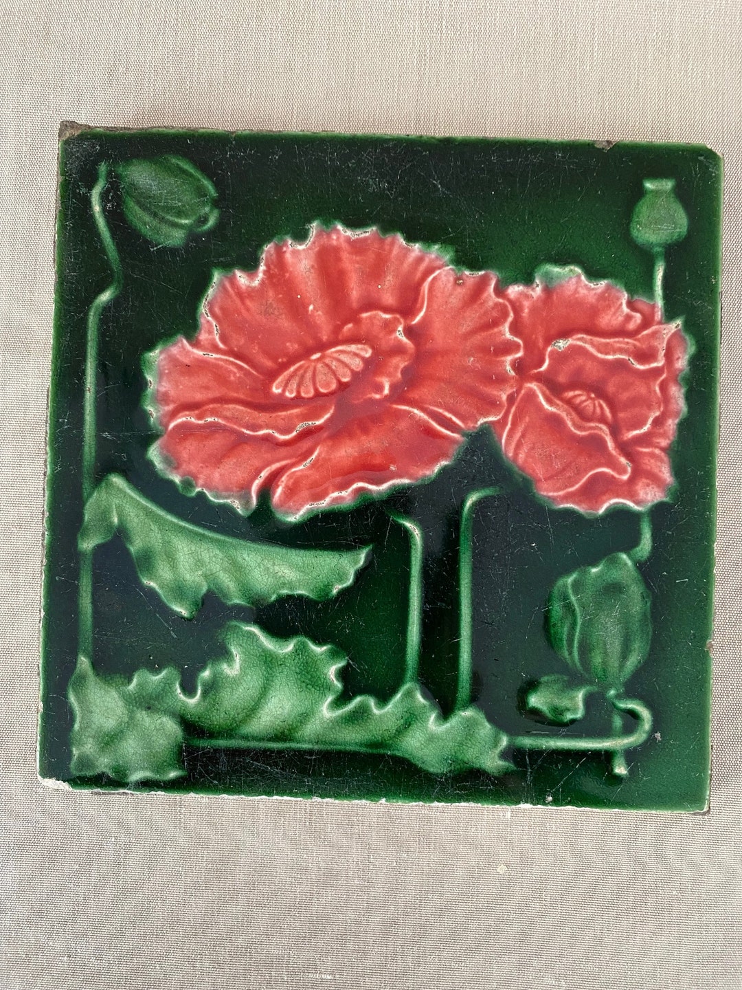 Vintage Glazed Poppy Tile - Etsy