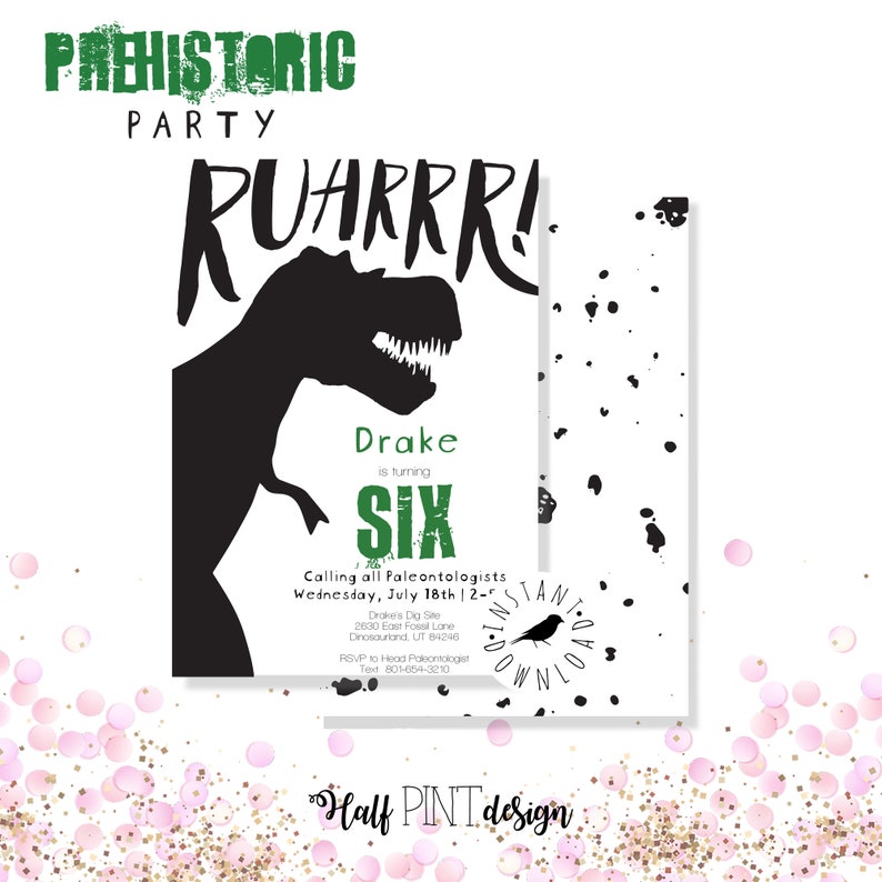 Prehistoric Dinosaur Birthday Invitation, T-rex Party, Modern Dino ...