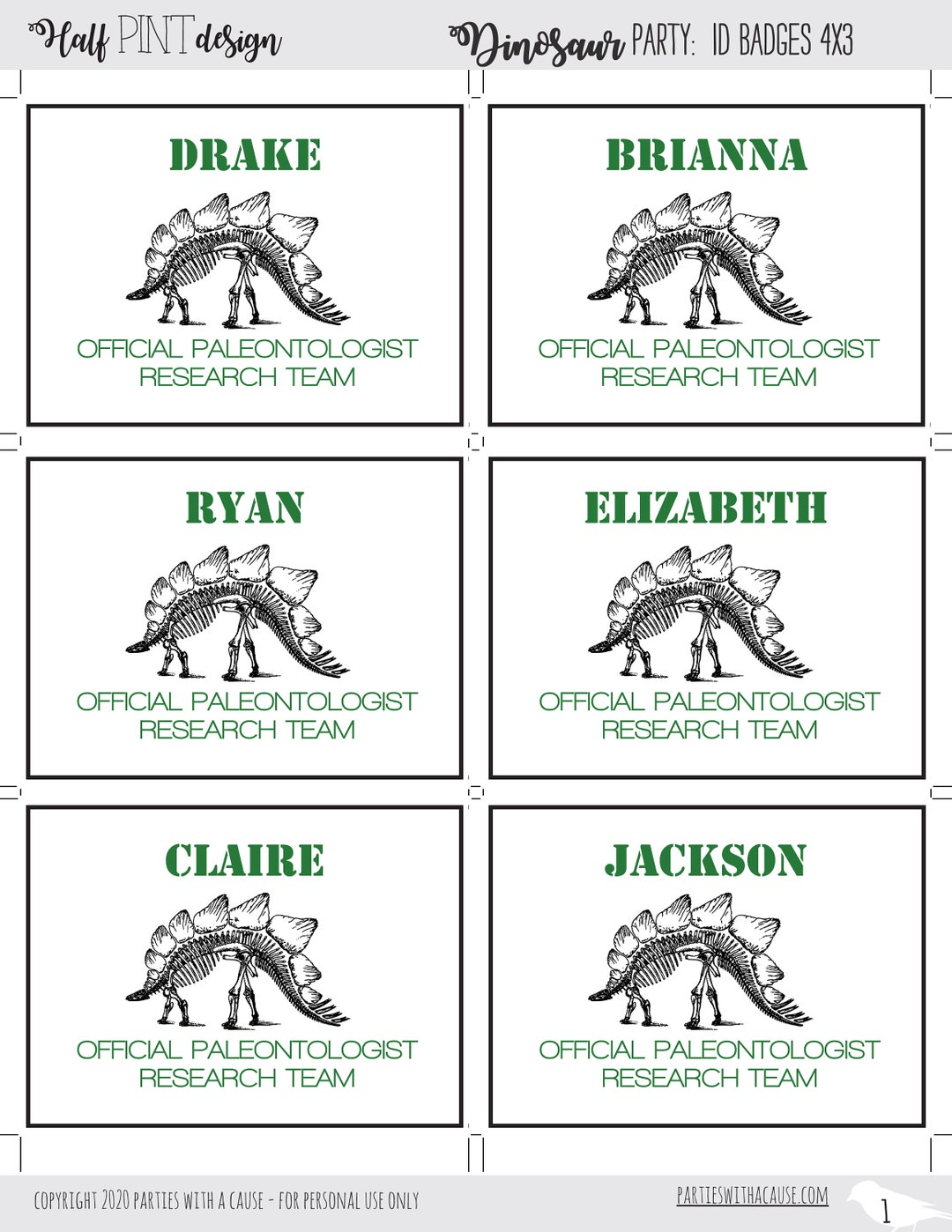 Dinosaur Party ID Badge, Paleontologist Research Team, T-rex Party ...