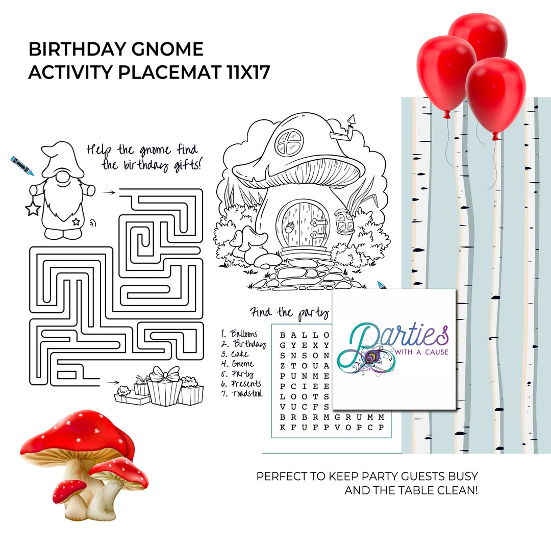Gnome Party Printable Activity Placemat, Gnome Coloring Page, Kids ...