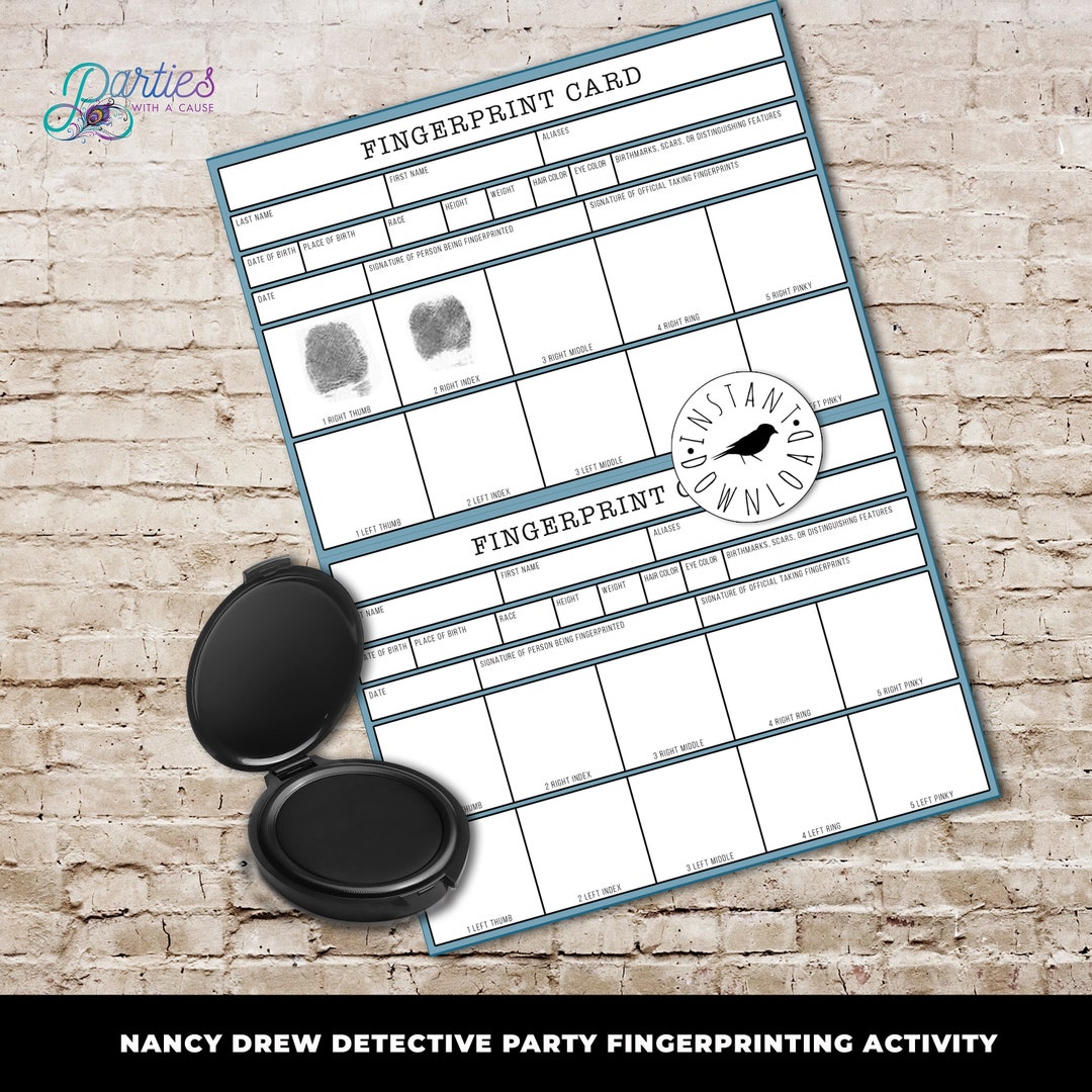 Detective Party Fingerprint Activity Card, Nancy Drew Birthday Party, Spy Party Form, Girl ...