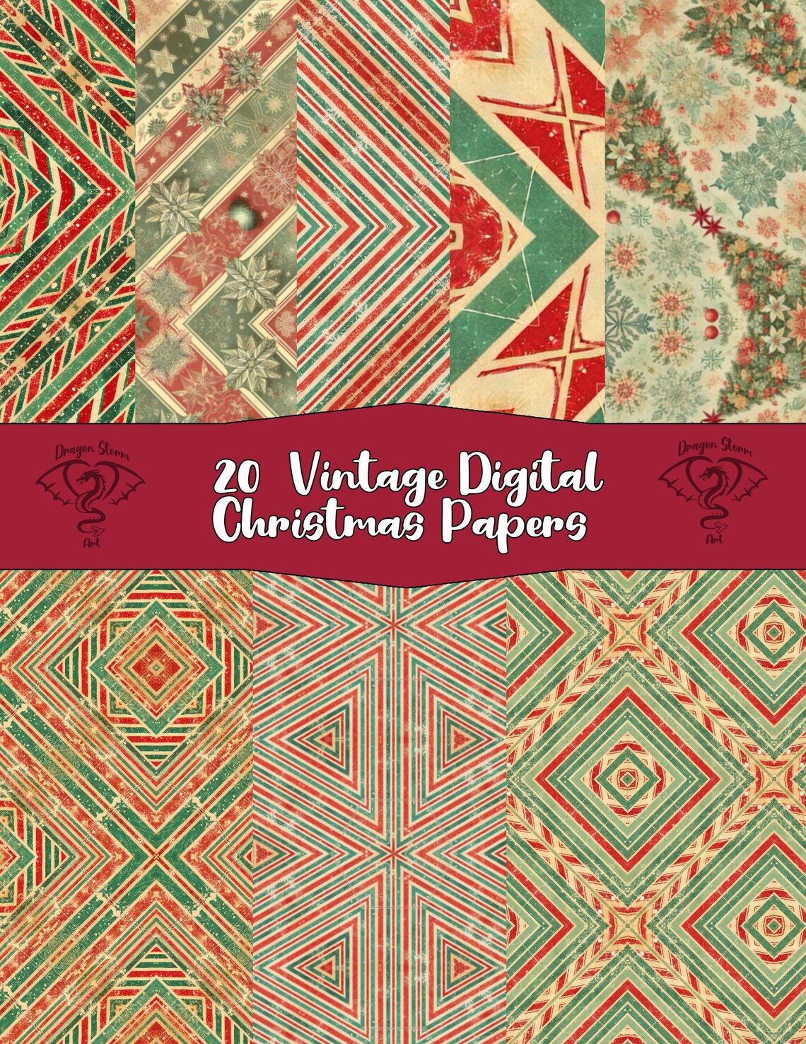 20 Vintage Christmas Digital Paper Pack 2 8 X 11.5 US Paper Size 300 ...