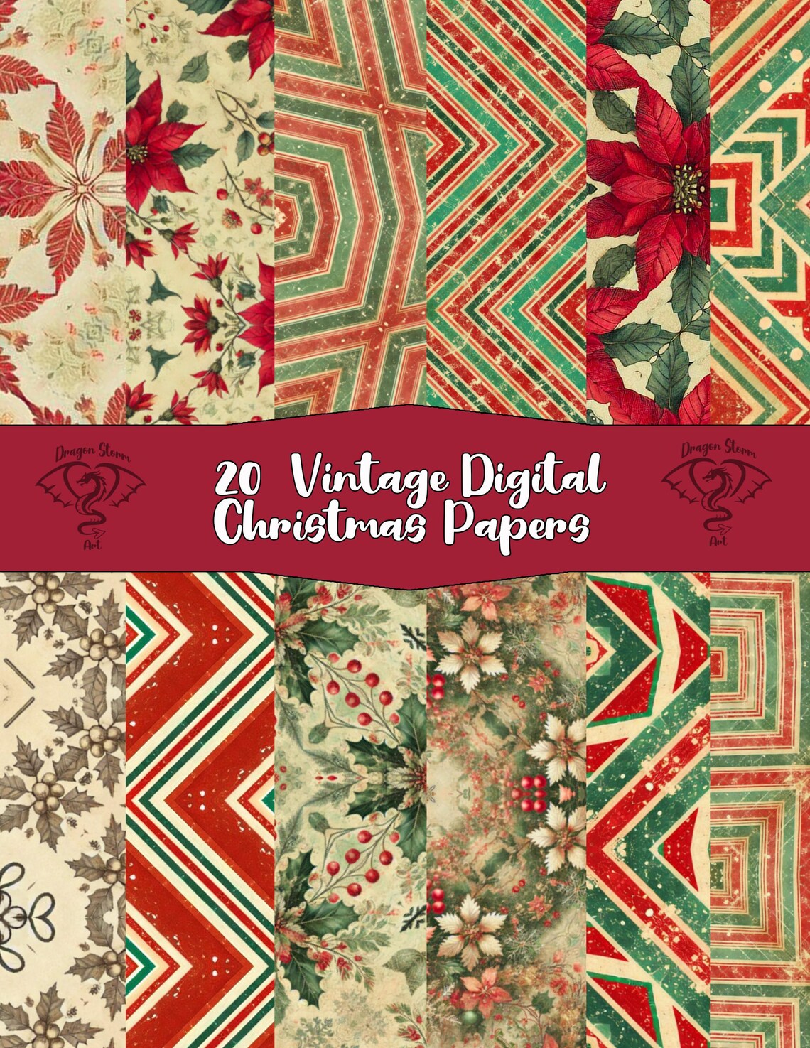 20 Vintage Christmas Digital Paper Pack 2 8 X 11.5 US Paper Size 300 ...