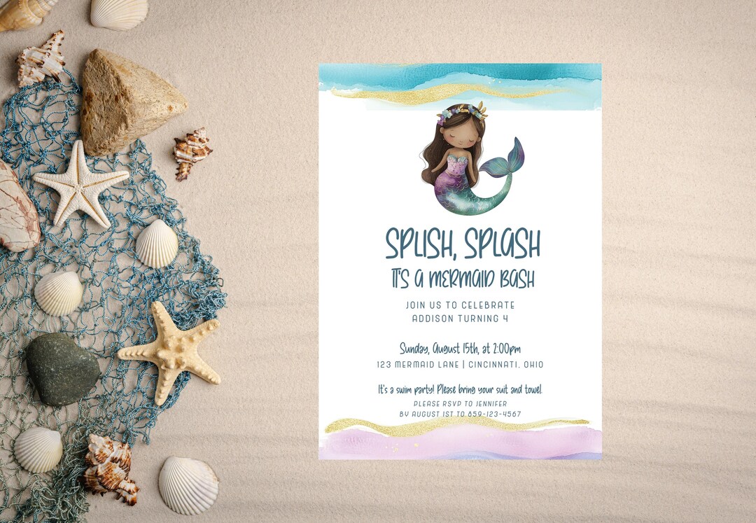 Splish, Splash It's A Mermaid Bash! Birthday Party Invitation ...