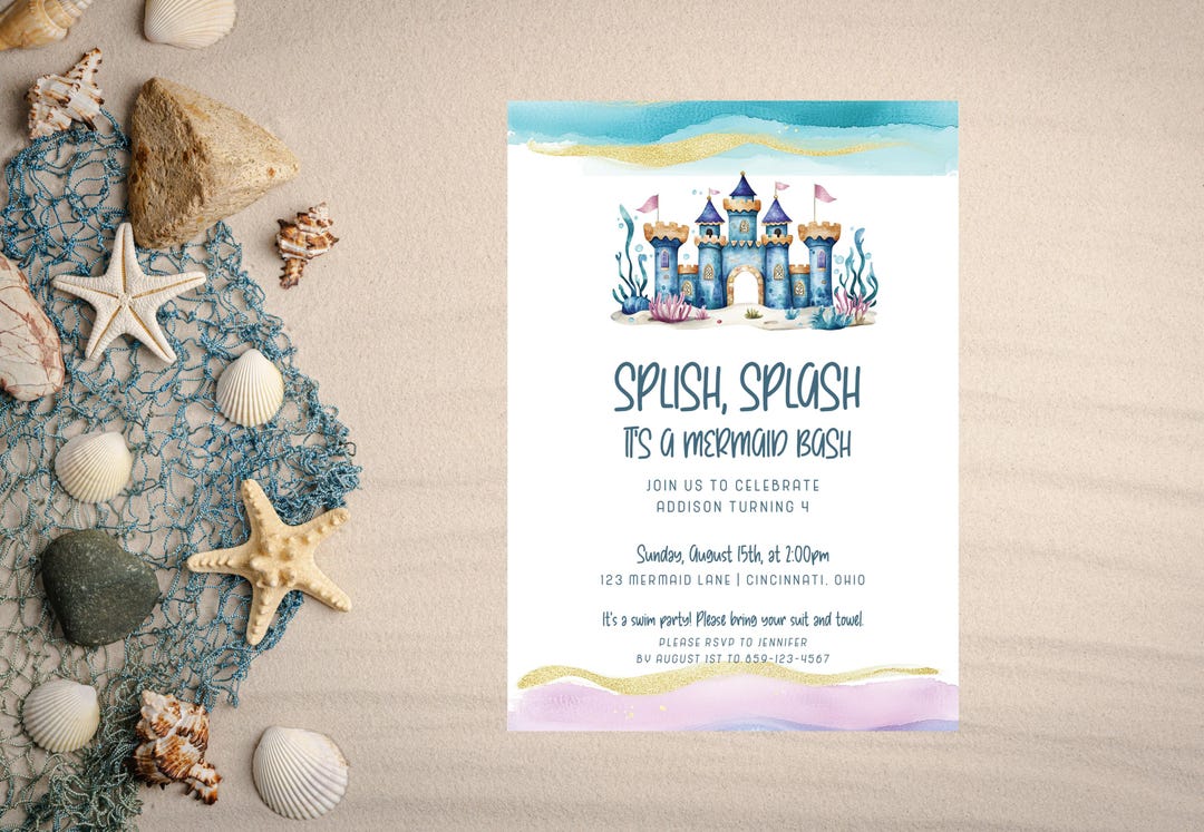 Splish, Splash It's A Mermaid Bash! Birthday Party Invitation + Mermaid ...