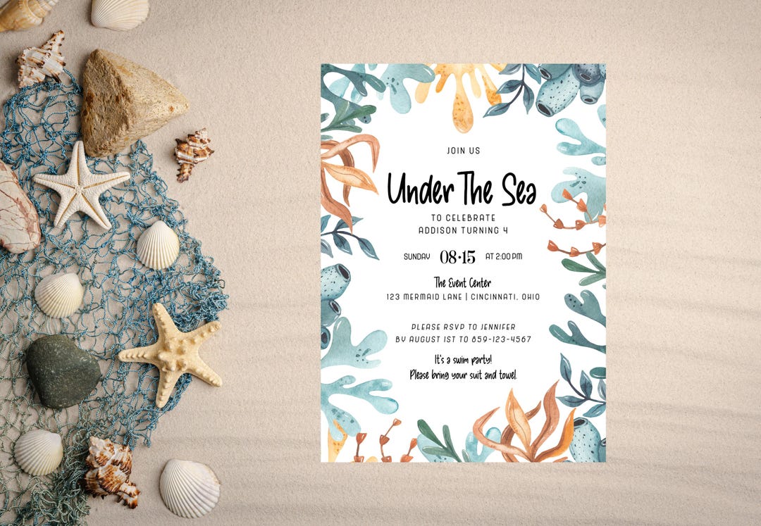 Under the Sea Birthday Party Invitation + Seaweed Watercolor + Cute ...