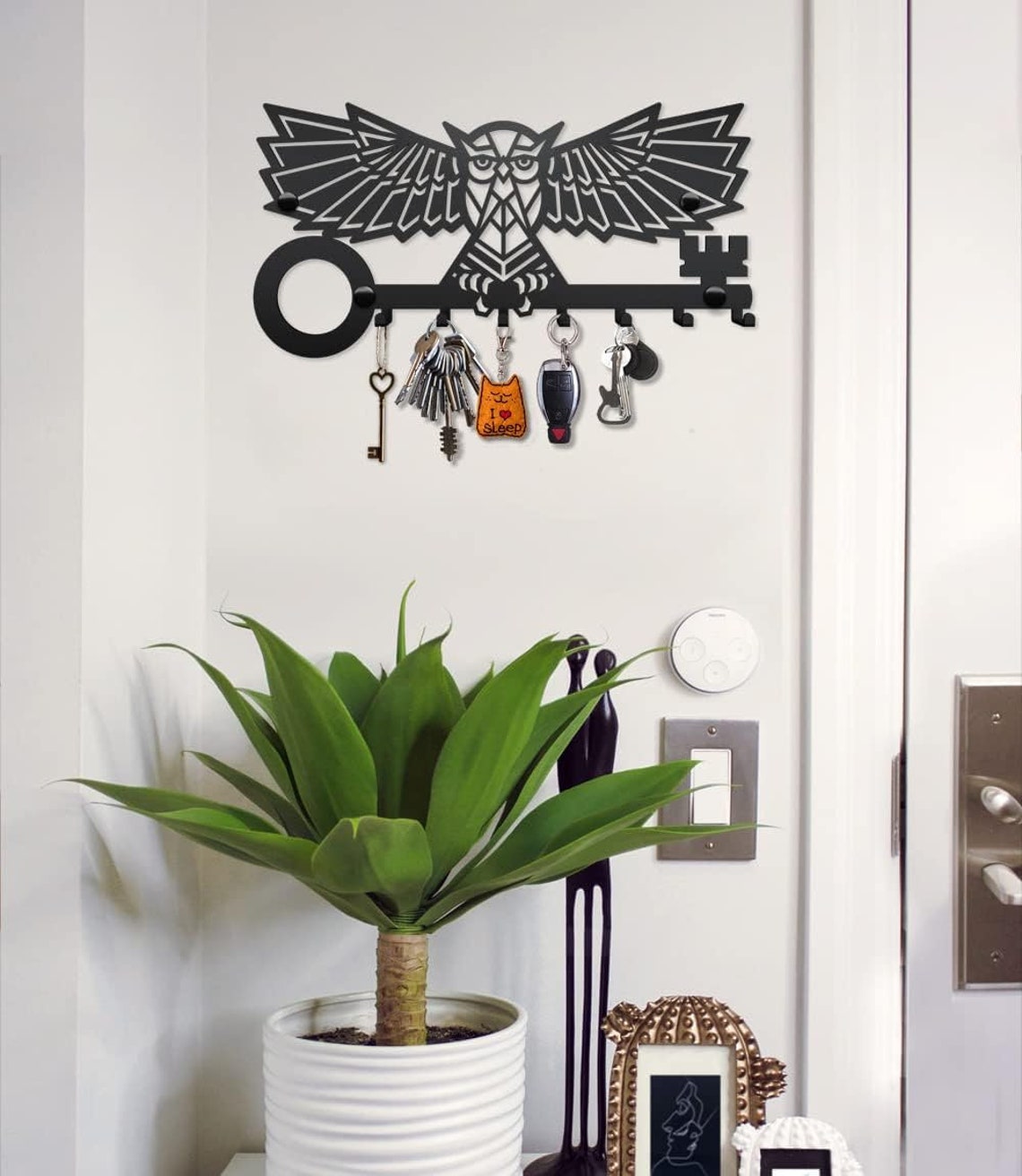 Owl Key Holder Wall Mount, Modern Metal Key Rack Hanger, Black Owl ...