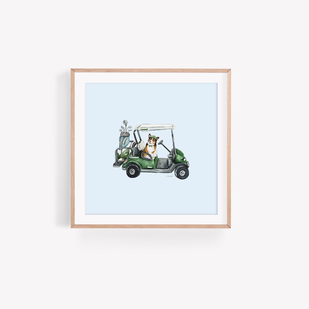 Tri Color Corgi in Golf Cart Art Print, Pembroke Welsh Corgi Art, Fun ...