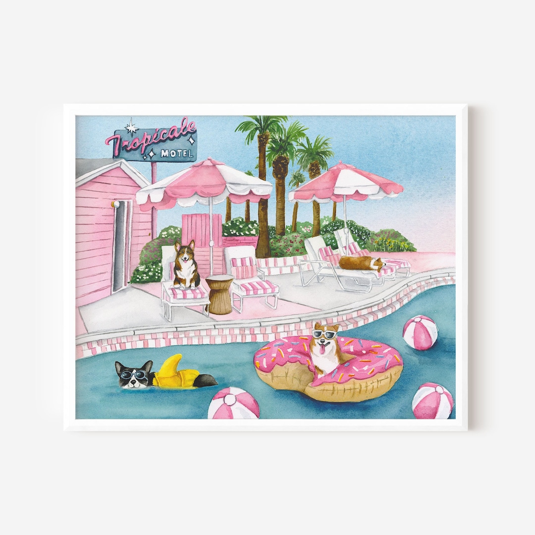 Corgi Pool Party Watercolor Art Print, Corgi Palm Springs Take Over ...
