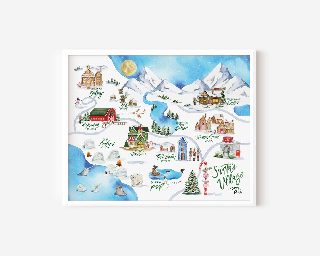 Christmas Map, Santas Village Watercolor Map, Watercolor North Pole ...
