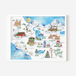 Christmas Map, Santas Village Watercolor Map, Watercolor North Pole ...