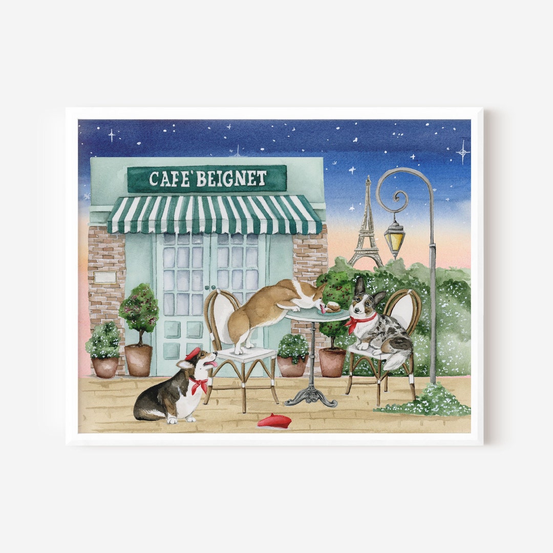 Corgis in Paris Art Print: Cafe Beignet, Eiffel Tower (8x10) - Etsy