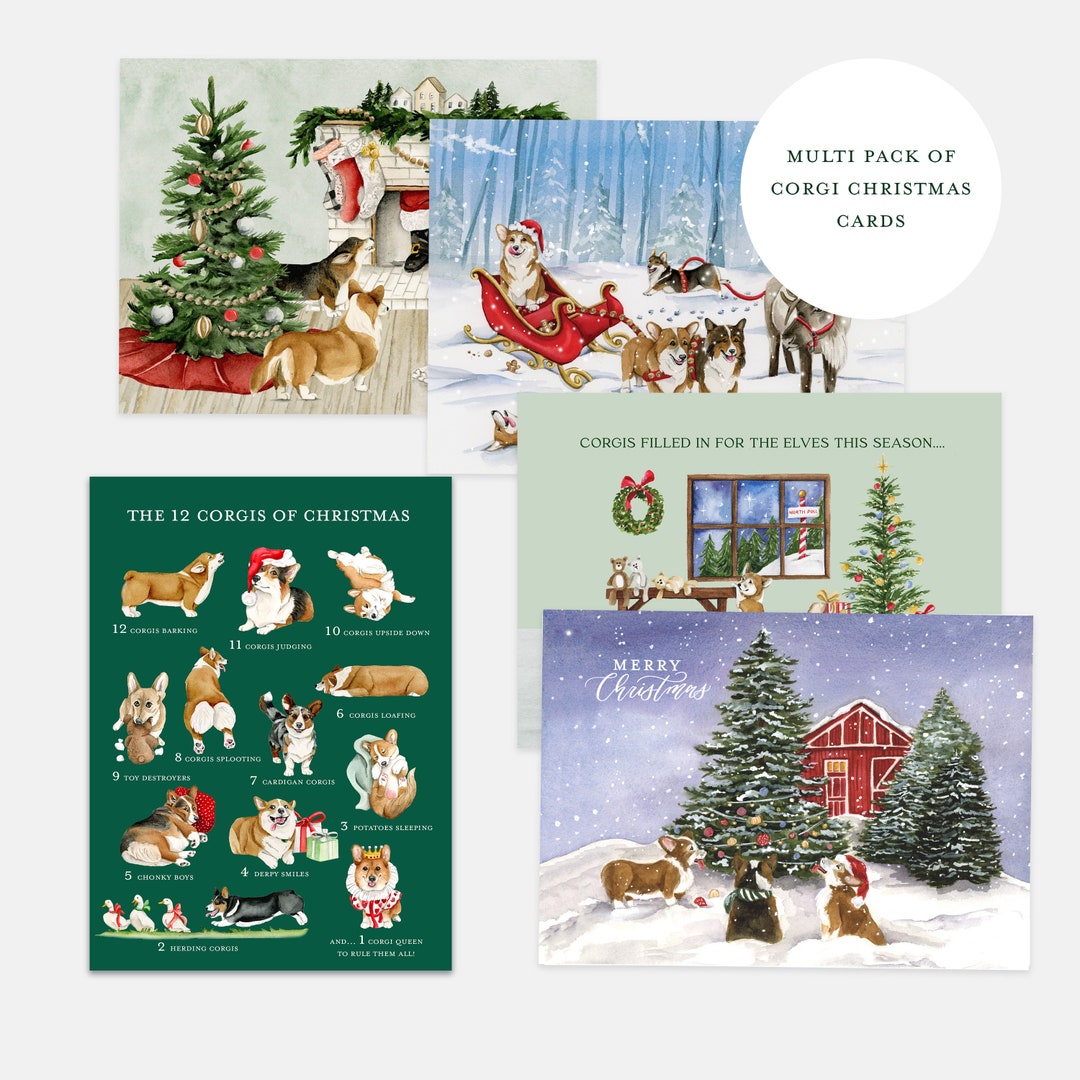 5 Corgi Card Multi Pack, Holiday Cards With Corgis, Fold Over Christmas Cards, Pembroke Welsh ...