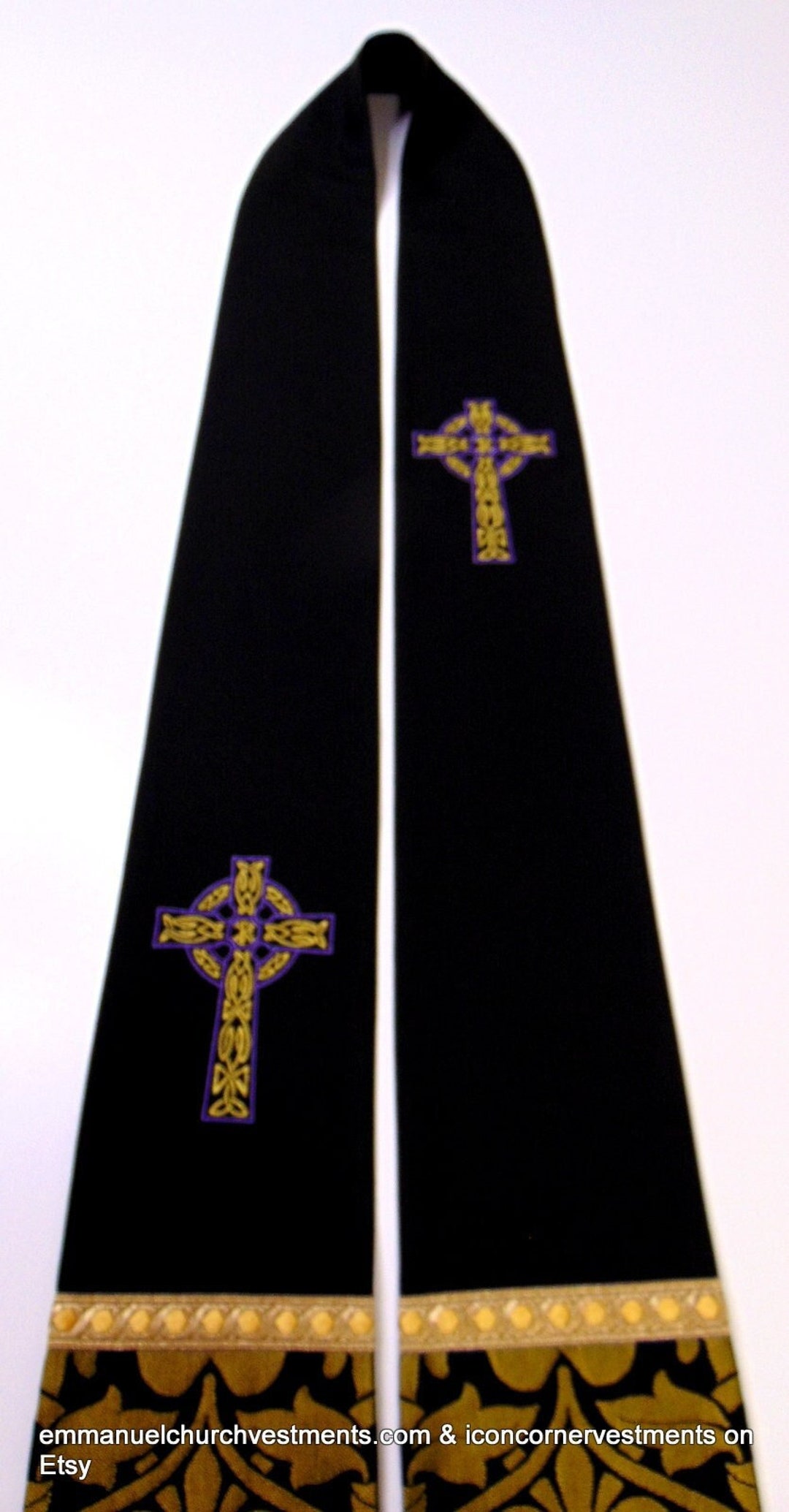 CHRISTIAN Priests Stole, Black/gold Liturgical Fairford Brocade Orphrey ...