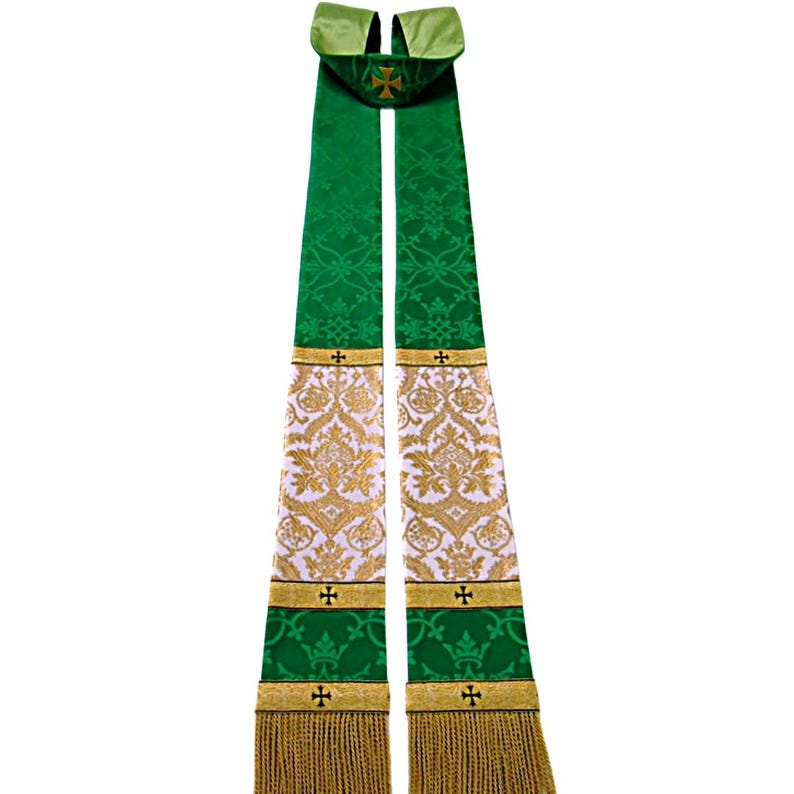 Ordinary Time Stole, Green Liturgical Brocade, White/met. Gold Orphrey ...