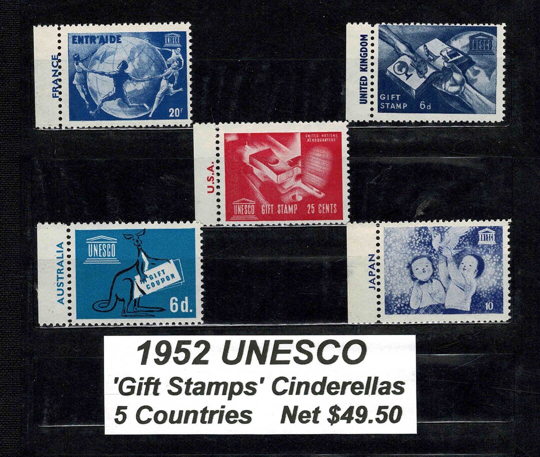 1952 UNESCO Fund Raiser 'gift Stamps' (cinderellas), USA, UK, France ...