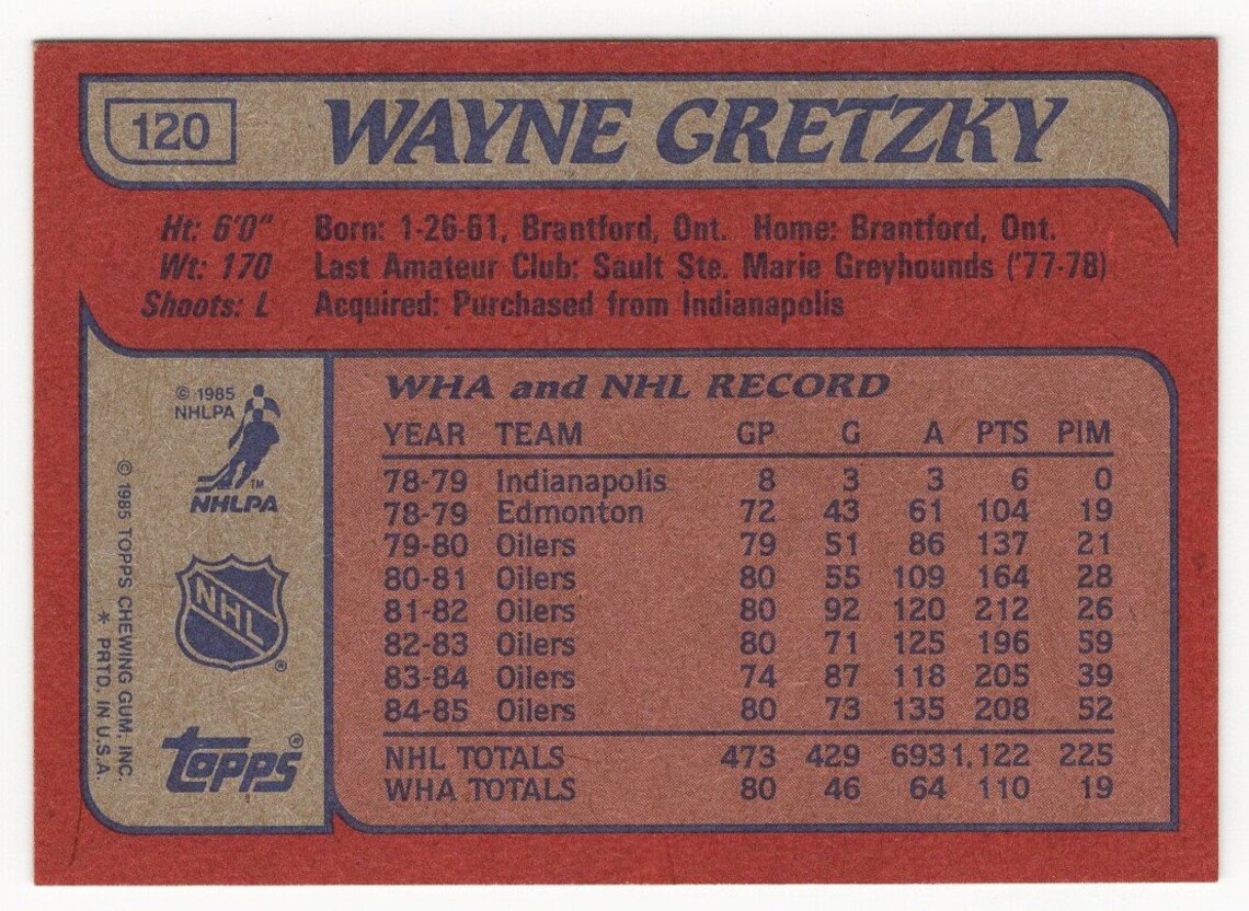 1985-86 Topps 120 Wayne Gretzky Edmonton Oilers | Etsy Canada