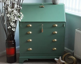 Vintage Lebus Green Writing Bureau Desk With Tropical Jungle Custom ...