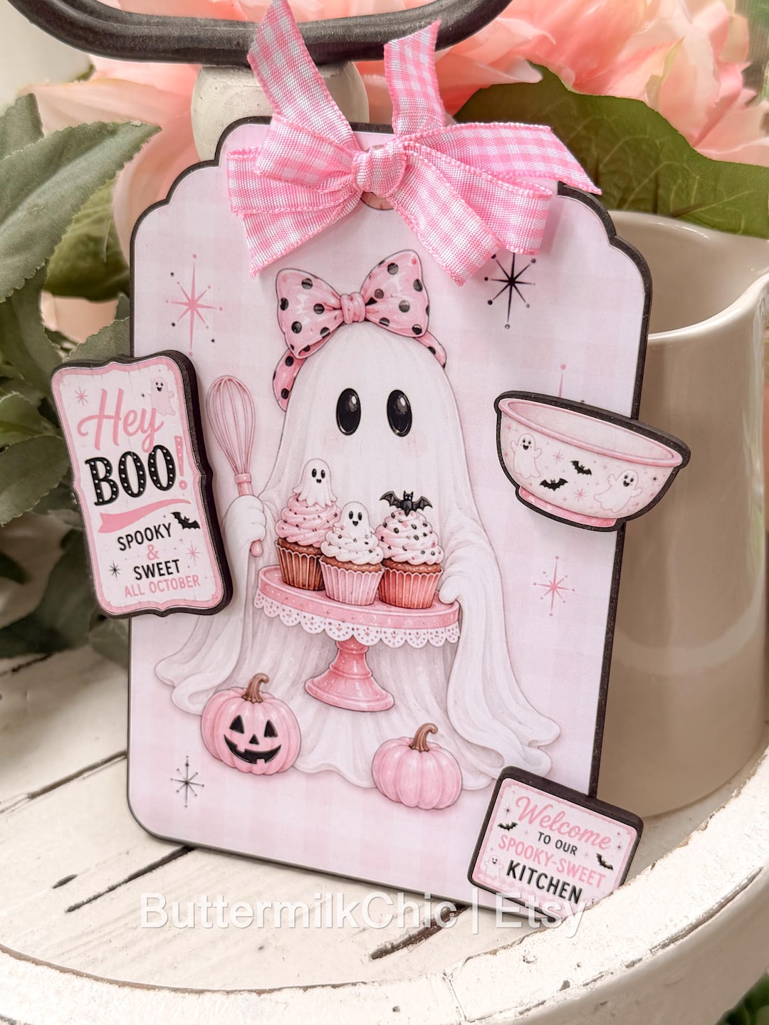 Pink Halloween Ghost Sign | Sweet Coffee Bar, Shelf Decor, Tiered Tray ...