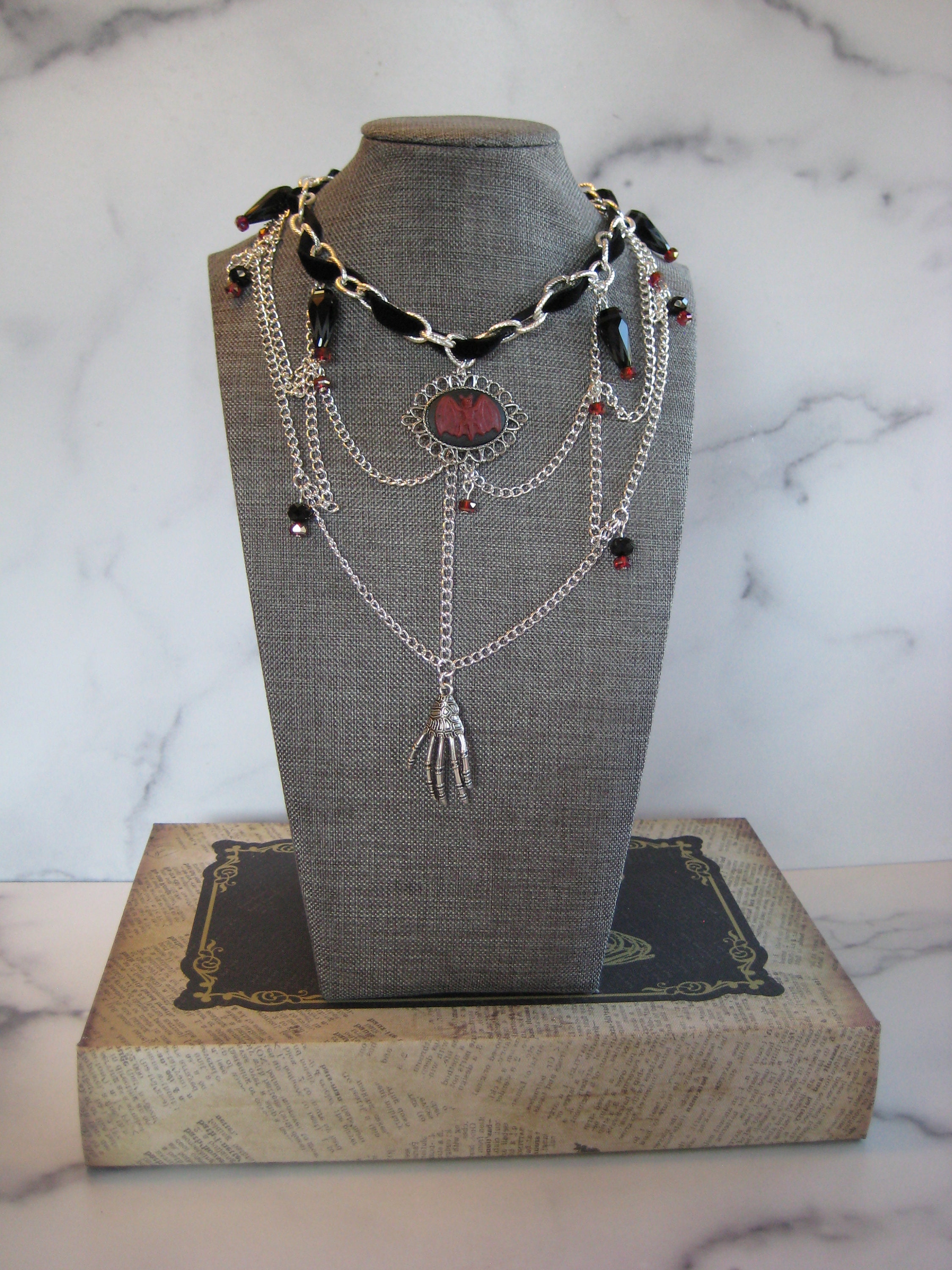 Black Velvet Bat Cameo Choker Spider Web Choker Gothic Red & Black Bat ...