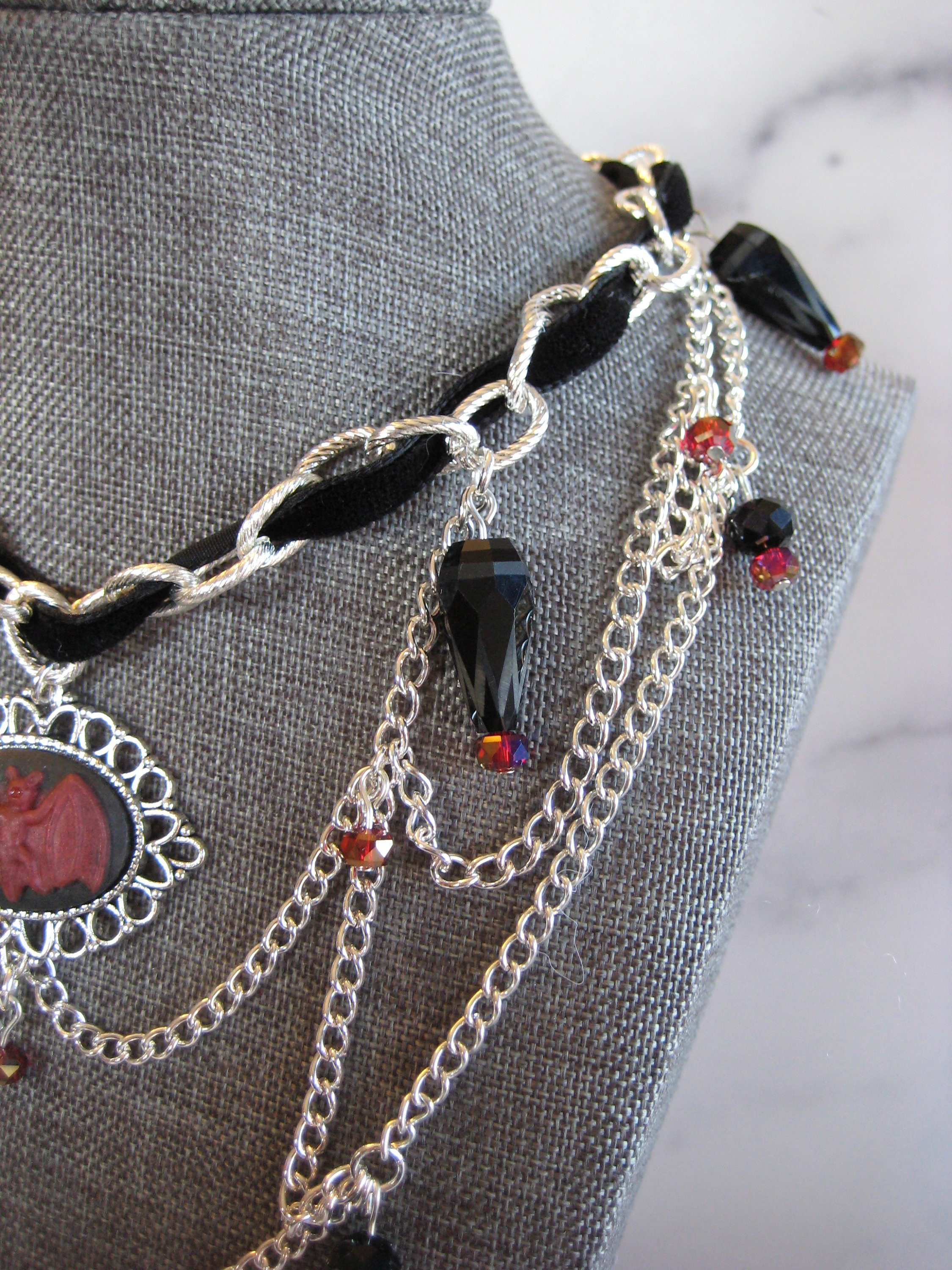 Black Velvet Bat Cameo Choker Spider Web Choker Gothic Red & Black Bat ...