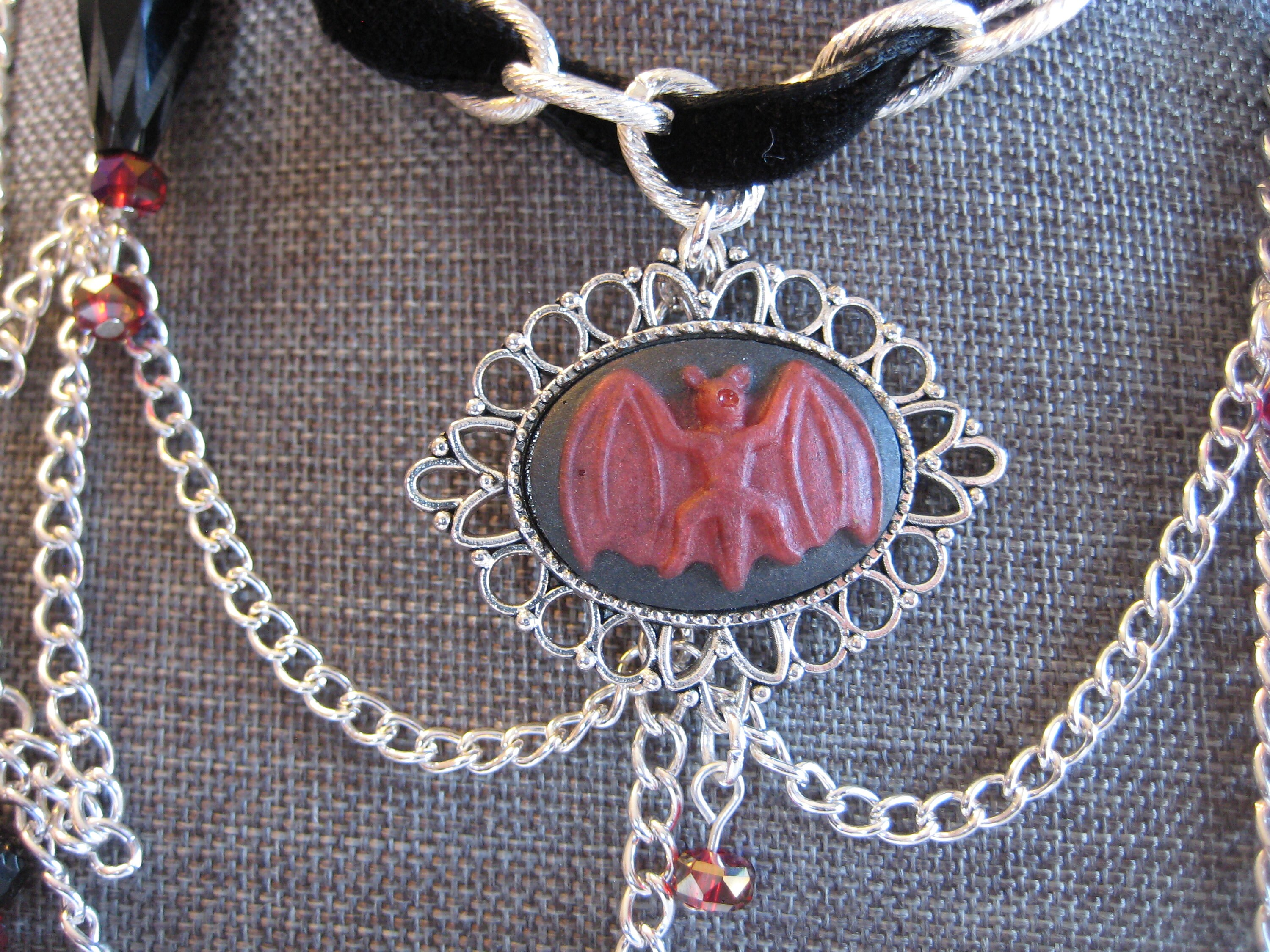 Black Velvet Bat Cameo Choker Spider Web Choker Gothic Red & Black Bat ...