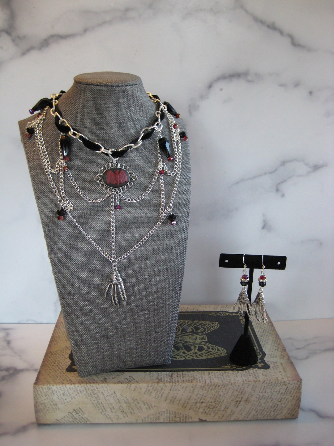 Black Velvet Bat Cameo Choker Spider Web Choker Gothic Red & Black Bat ...