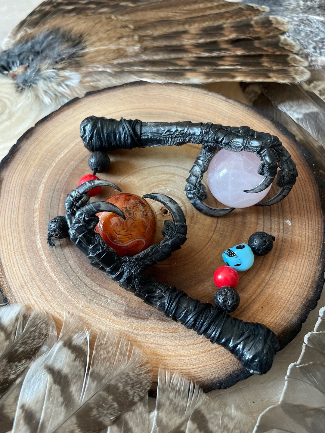 Black Raven Paw Amulet With Real Lava Beads, Agate and Quartz Stones ...