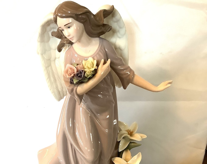 Vintage 13 Inch Hand Painted Porcelain Angel Figurine Holding Flowers ...