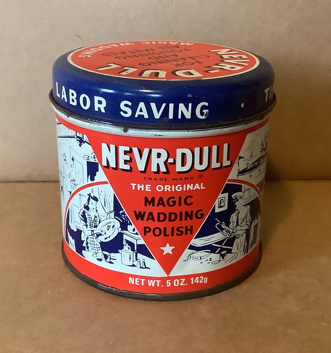 Vintage 1940s Nevr-dull Magic Wadding Polish Red White Blue Tin ...
